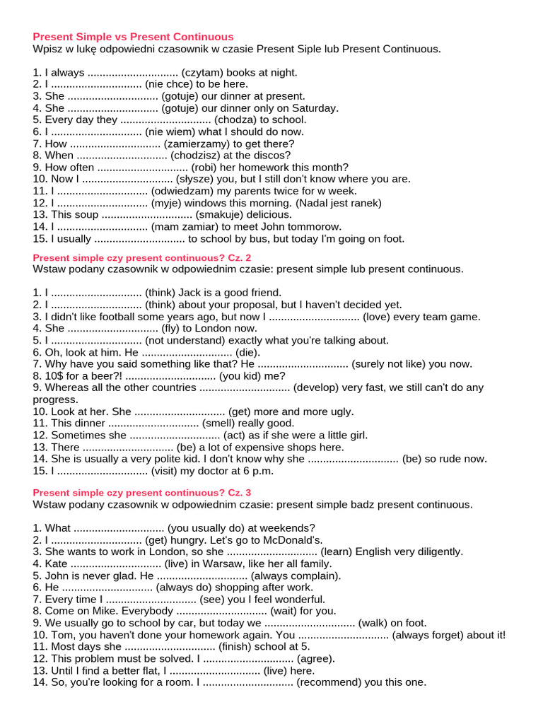 Present Simple vs Present Continuous Exercises ćwiczenia czasy teraźniejsze Simple Present i ...