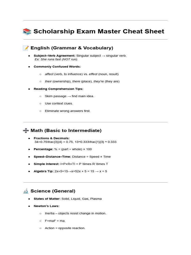 Scholarship Exam Study Guide Cheat Sheet | PDF | Philippines