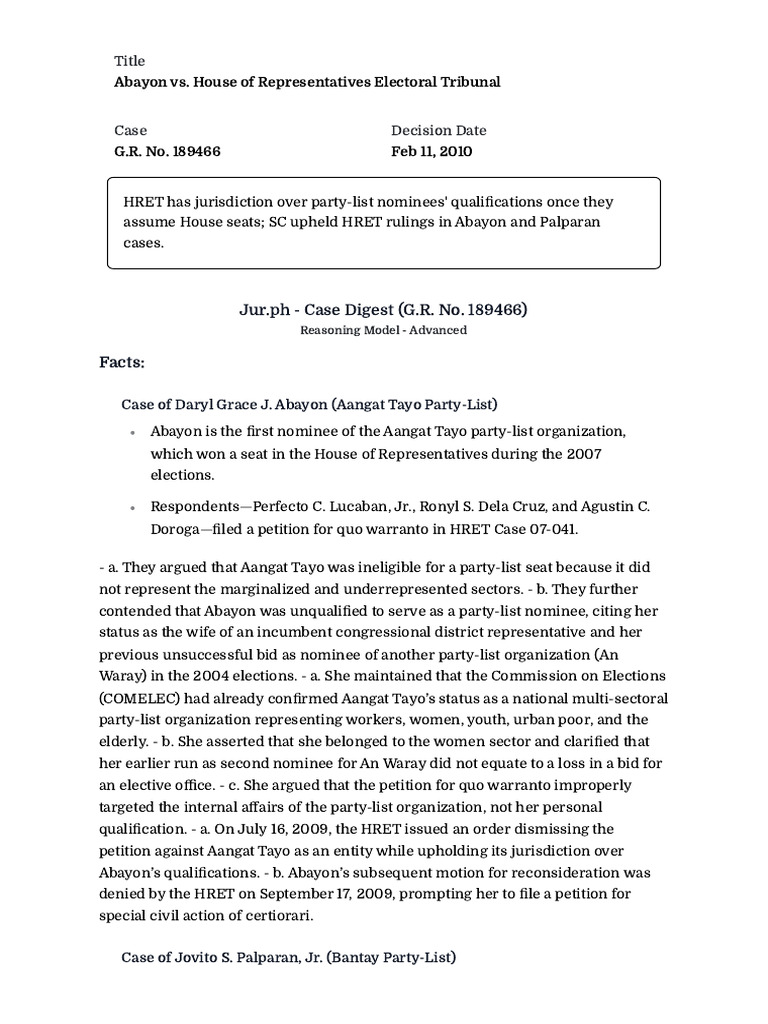 Case Digest - G.R. No. 189466 - Abayon vs. House of Representatives Electoral Tribunal | PDF ...