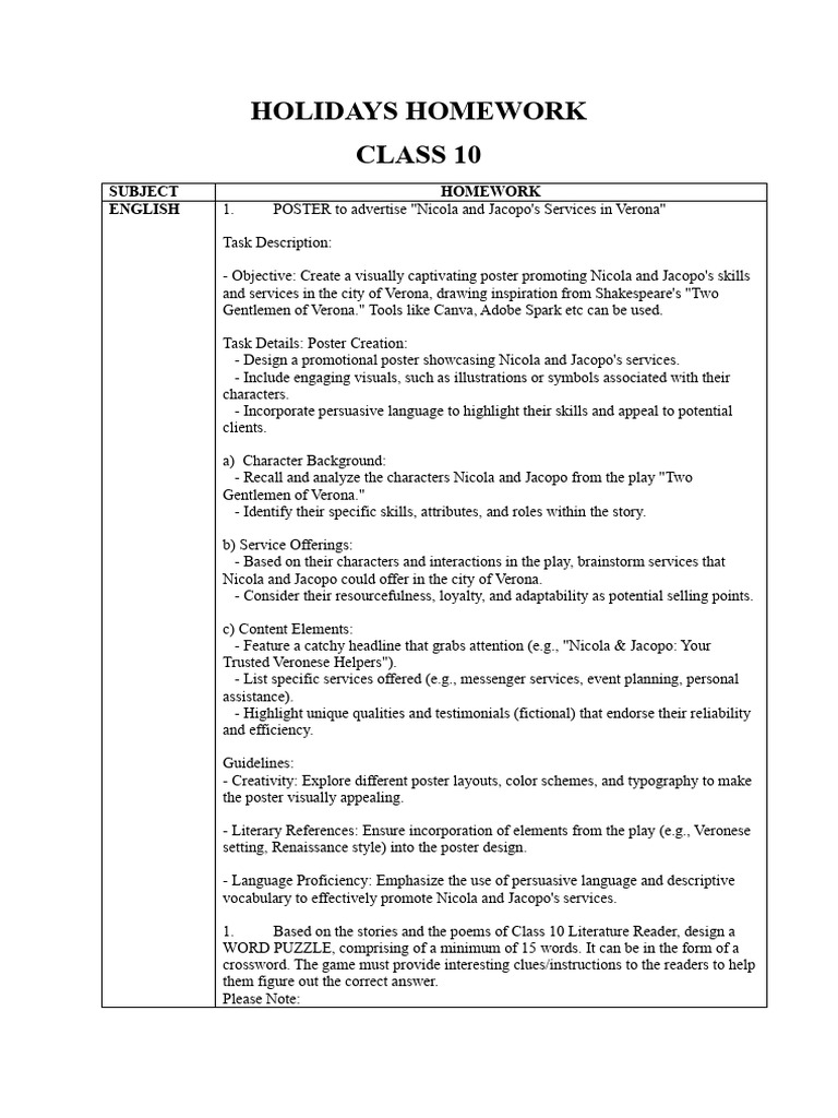 Class 10 Holiday Homework Assignments | PDF | Poster