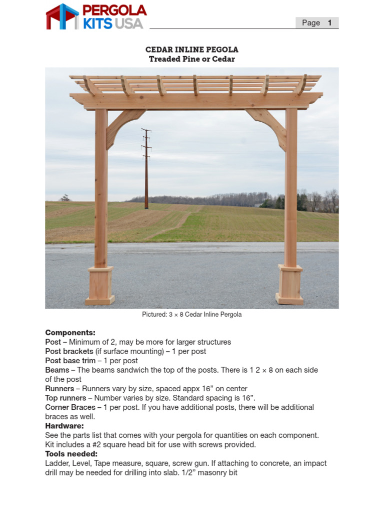 Cedar Inline Pergola Installation Guide | PDF | Screw | Drill