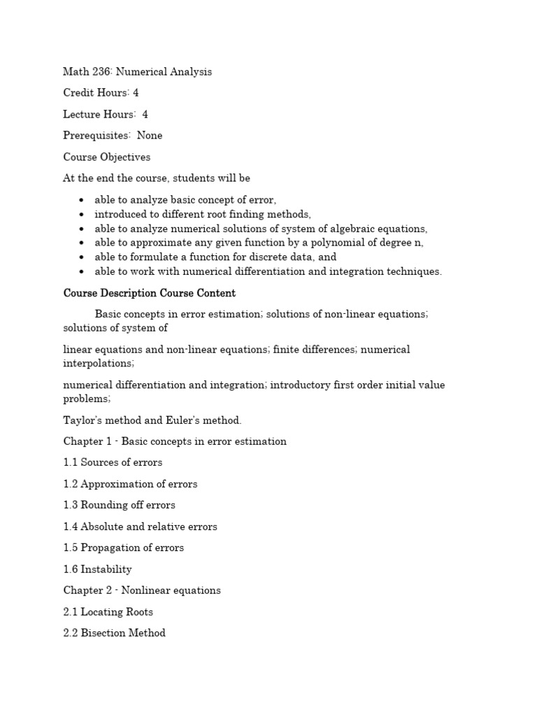 Math 236 Numerical Anlysis Couse Outline | PDF | Numerical Analysis ...