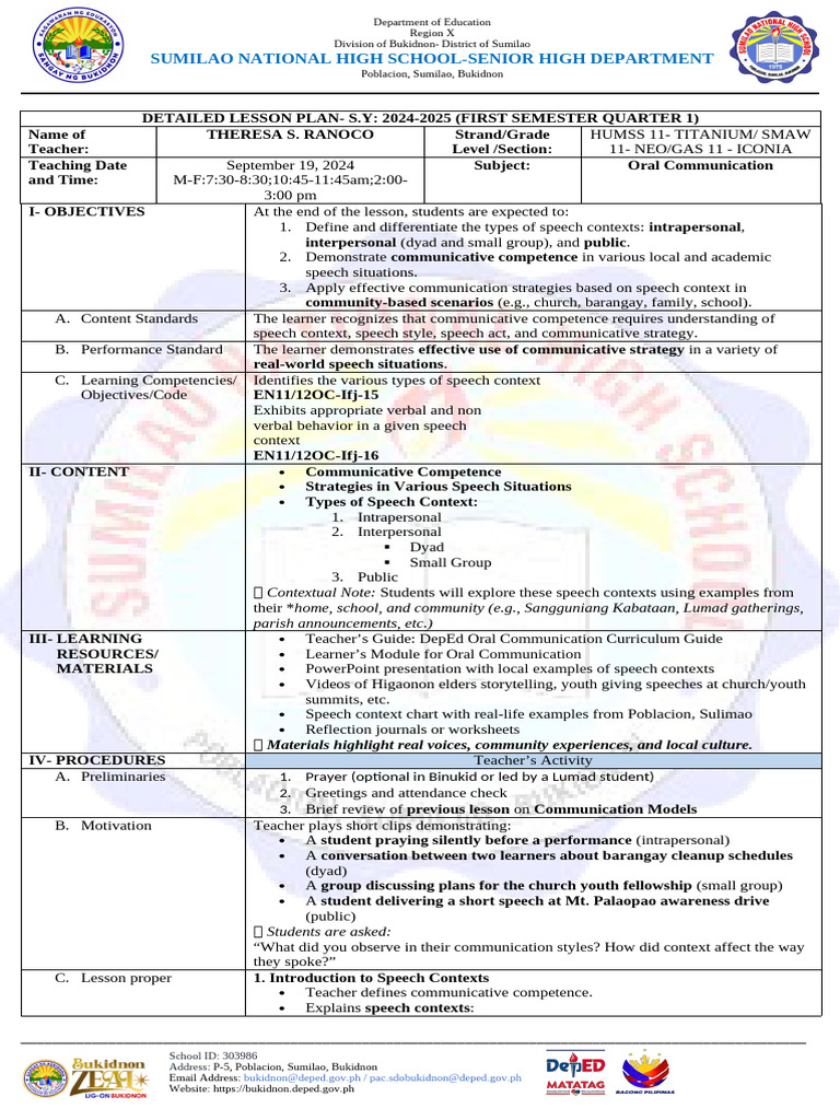 Contextualized Detailed Lesson Plan in Oral Com Speech Contecxt (COT 1) | PDF | Communication ...