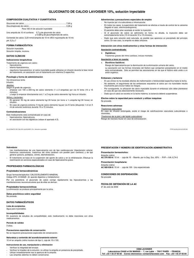 Calcio Gluconato 10 Injectable ES - Version D | PDF | Medicamentos con ...