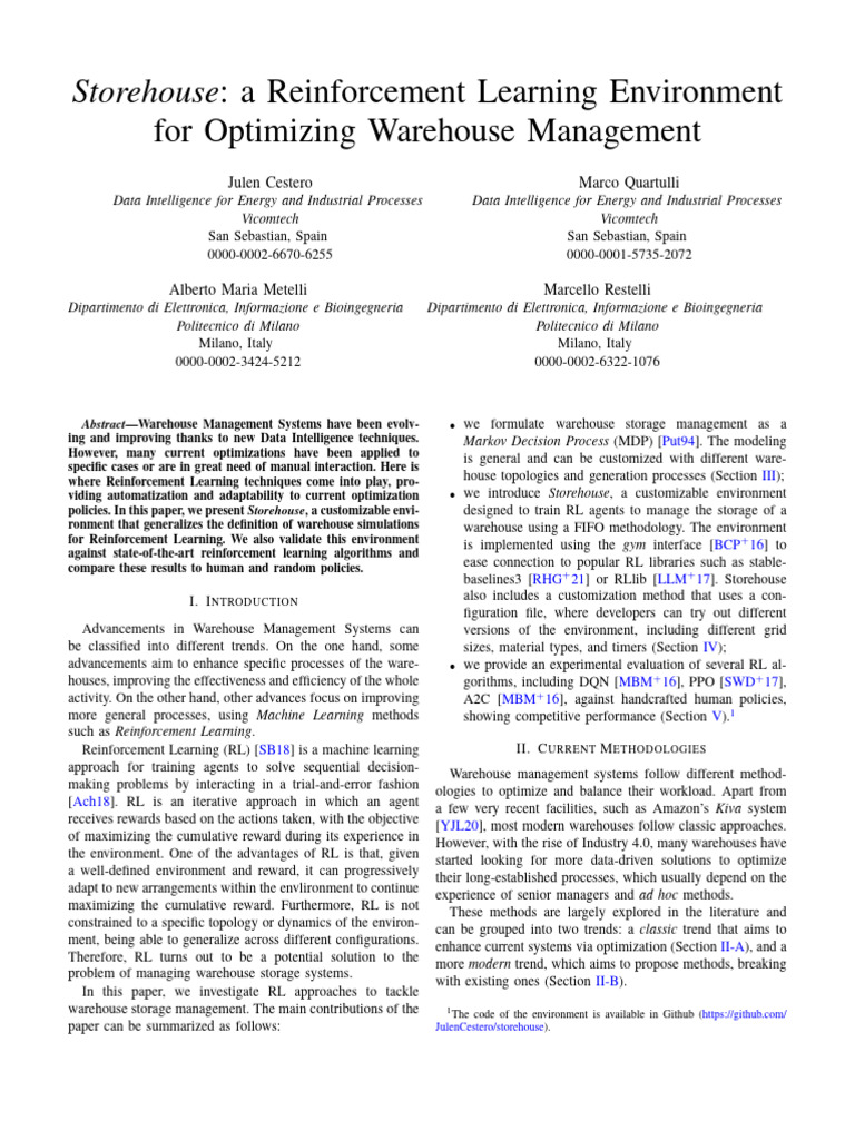 Storehouse: RL for Warehouse Optimization | PDF | Warehouse | Methodology