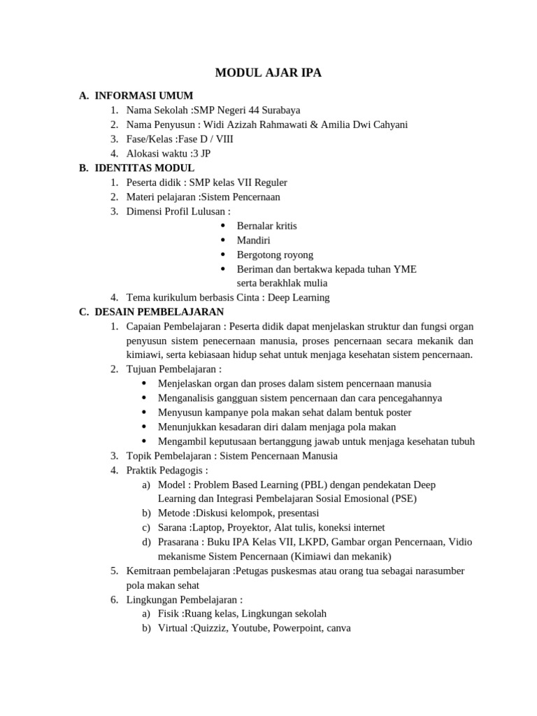 Modul Ajar IPA: Sistem Pencernaan Manusia | PDF