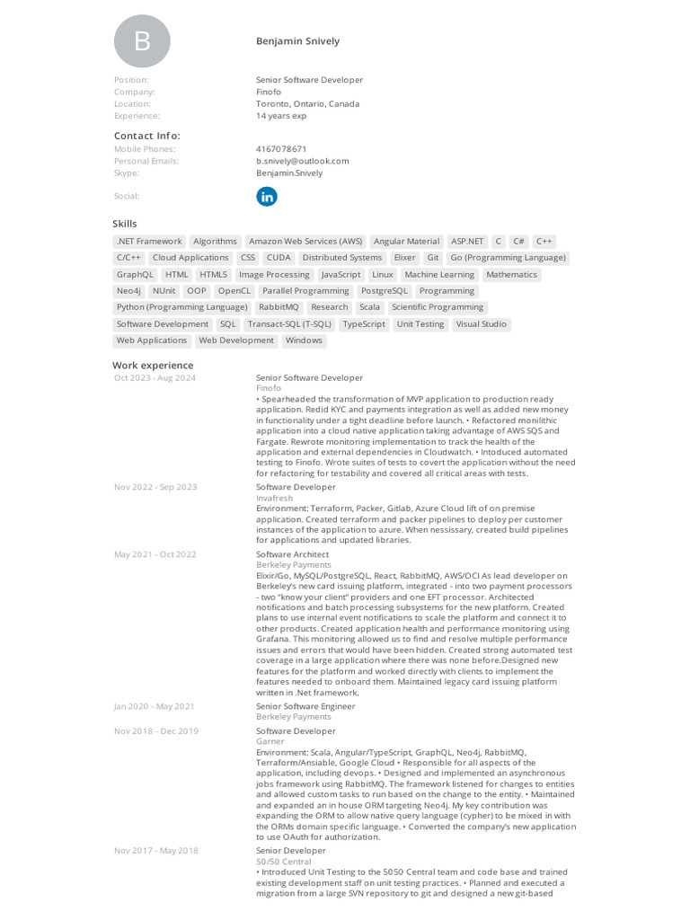 Senior Software Developer Profile | PDF | Computer Network | Integral