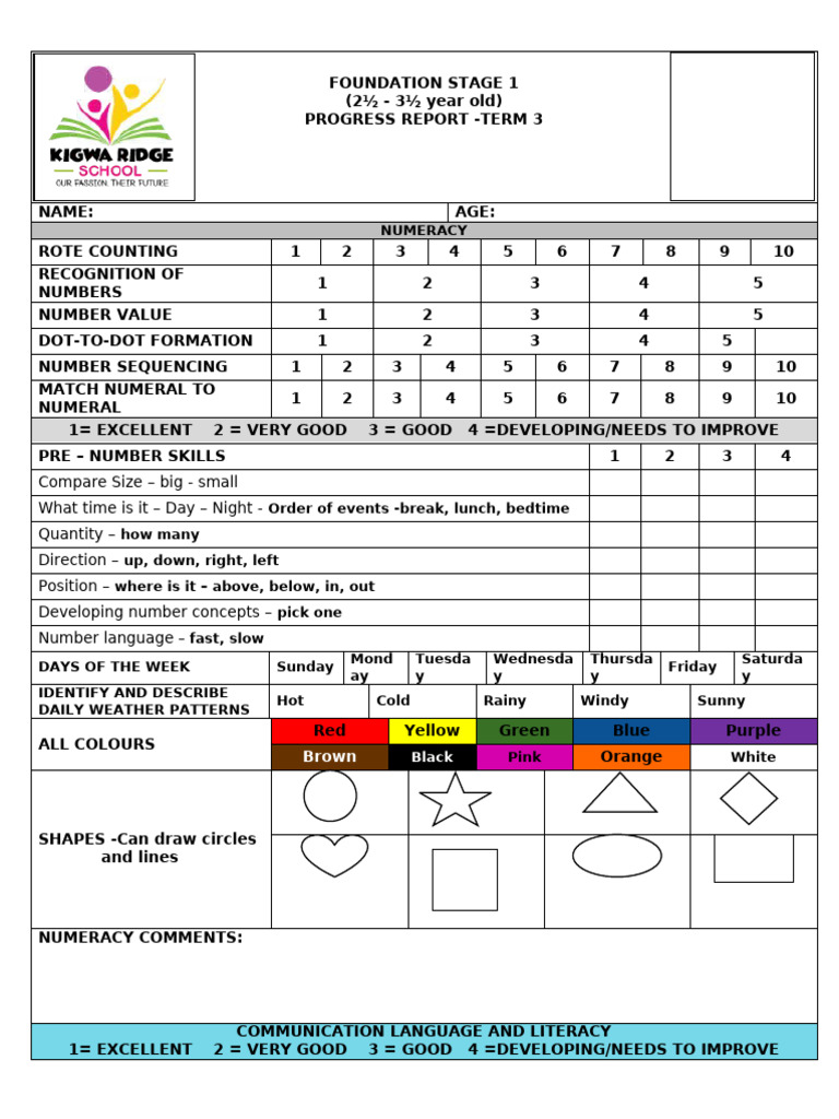 Foundation Stage 1 Progress Report Term 3 | PDF | Learning