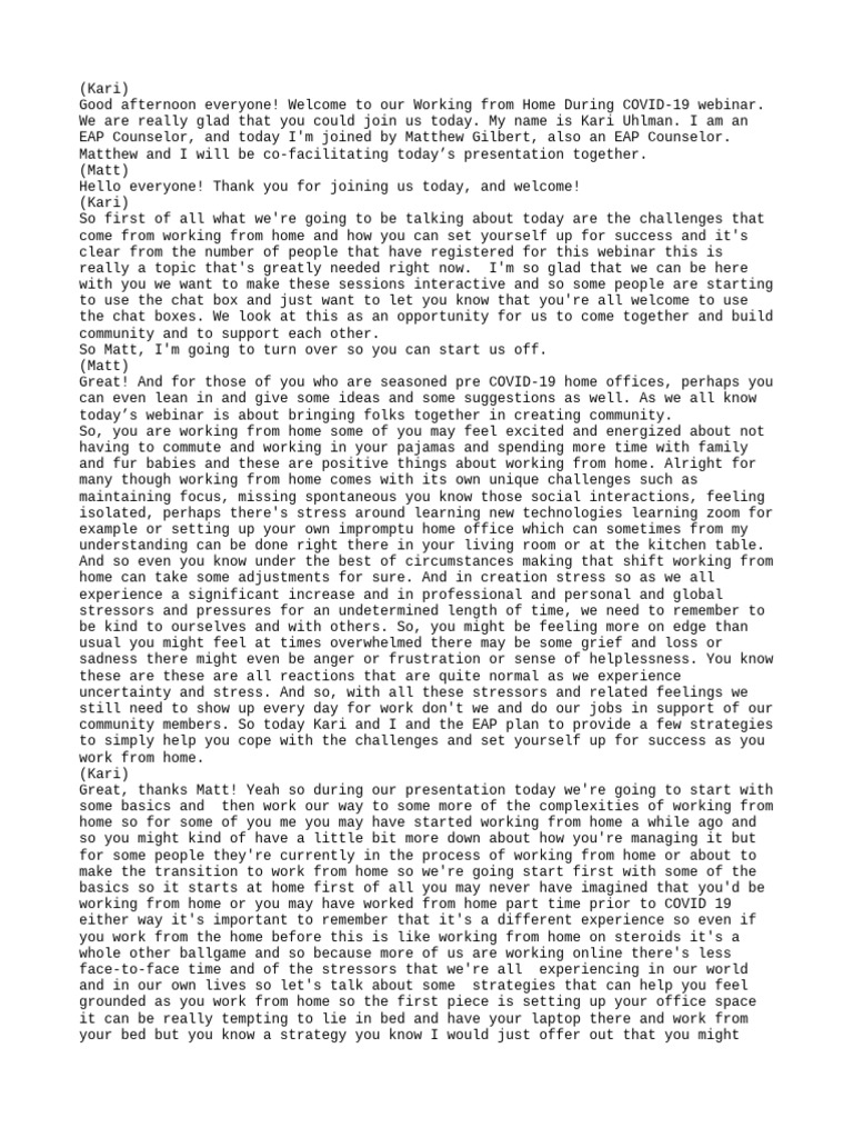 Working From Home Transcript | PDF | Stress (Biology) | Thought