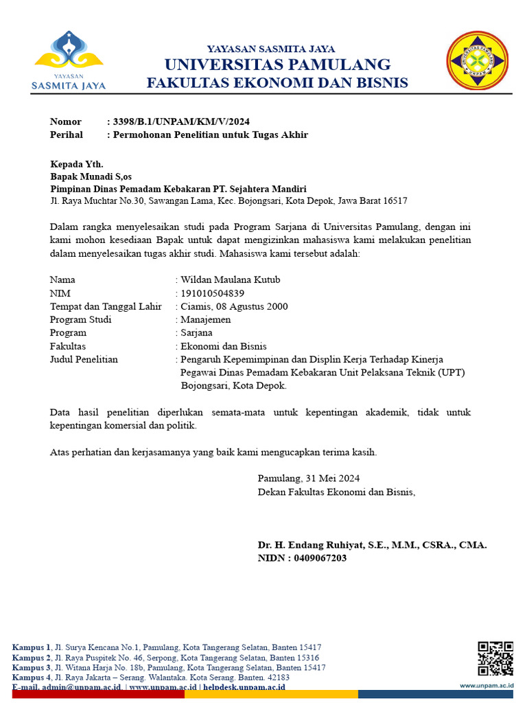 Surat Permohonan Penelitian | PDF