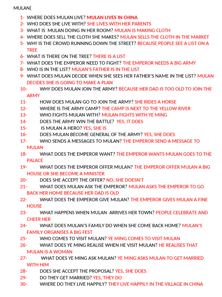 Mulan Question Guide | PDF