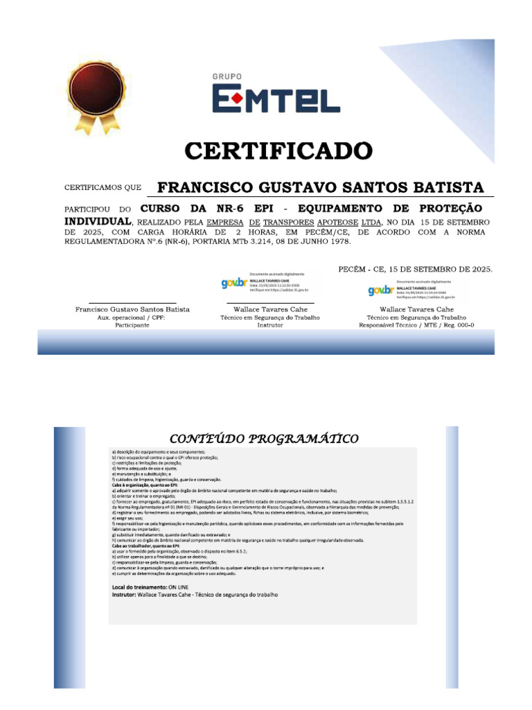 Modelo de Certificado - Nr-6 - Francisco Gustavo Edp-Pecem Assinado | PDF