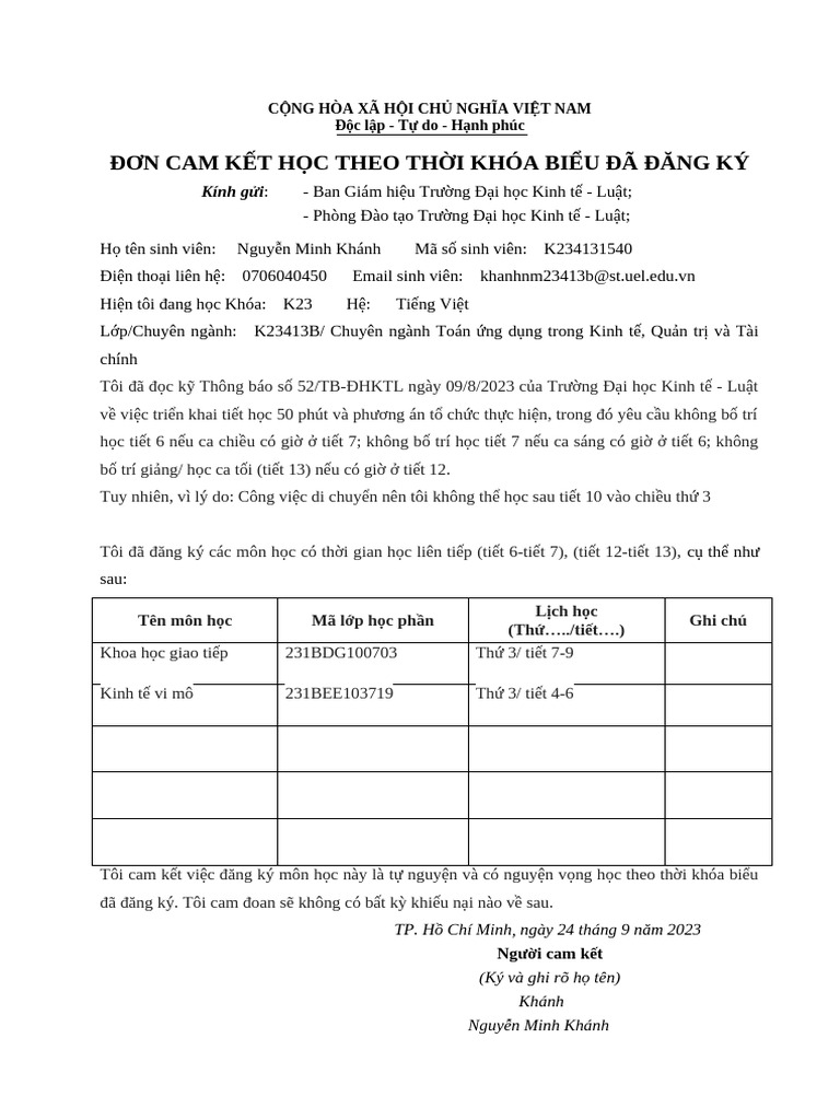 Don Cam Ket Hoc Theo TKB Da Dang Ky - PDT | PDF