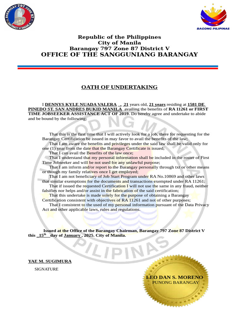 Firstime Jobseeker Oath Certification | PDF