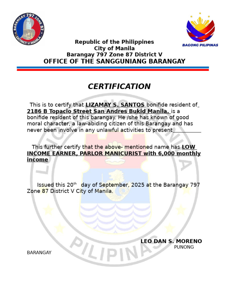 Certification Low Income Earner | PDF
