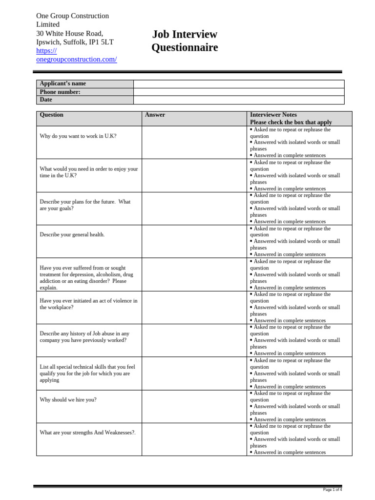 Job Interview Questionnaire | PDF | Question | English Language