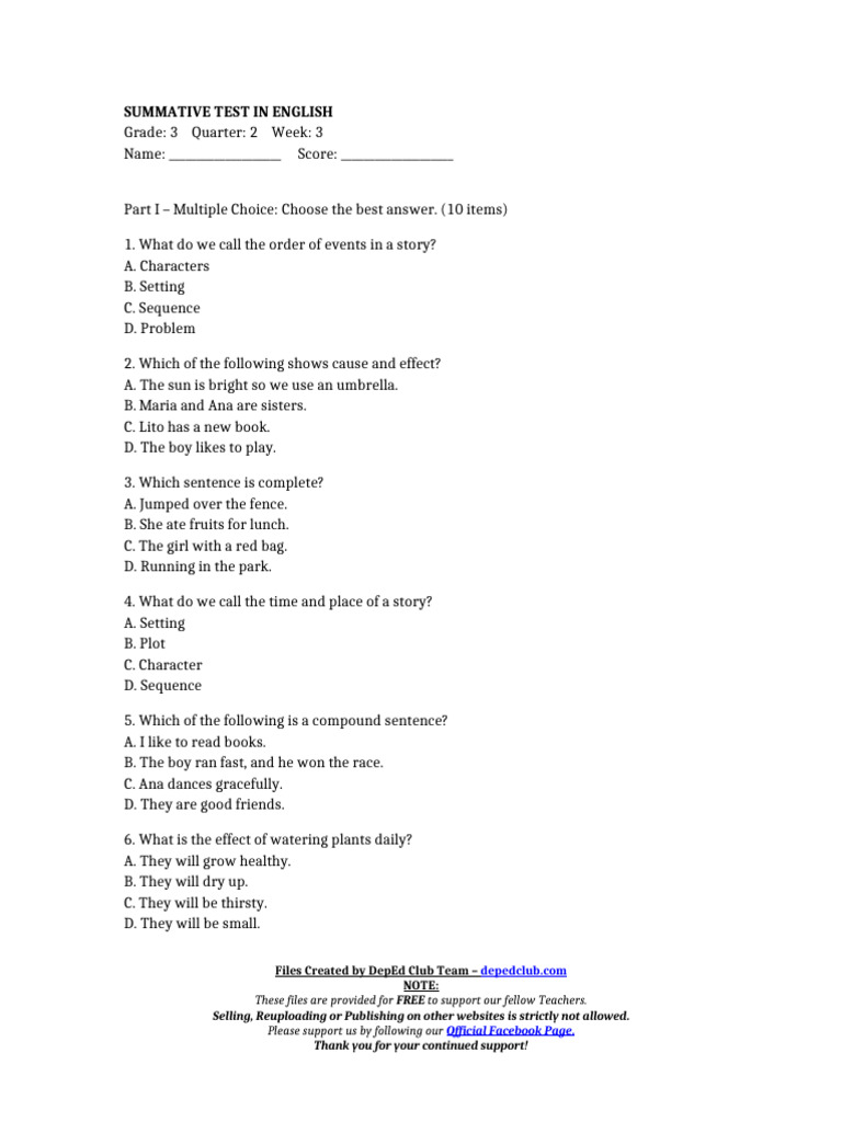 Grade 3 English Summative Test | PDF