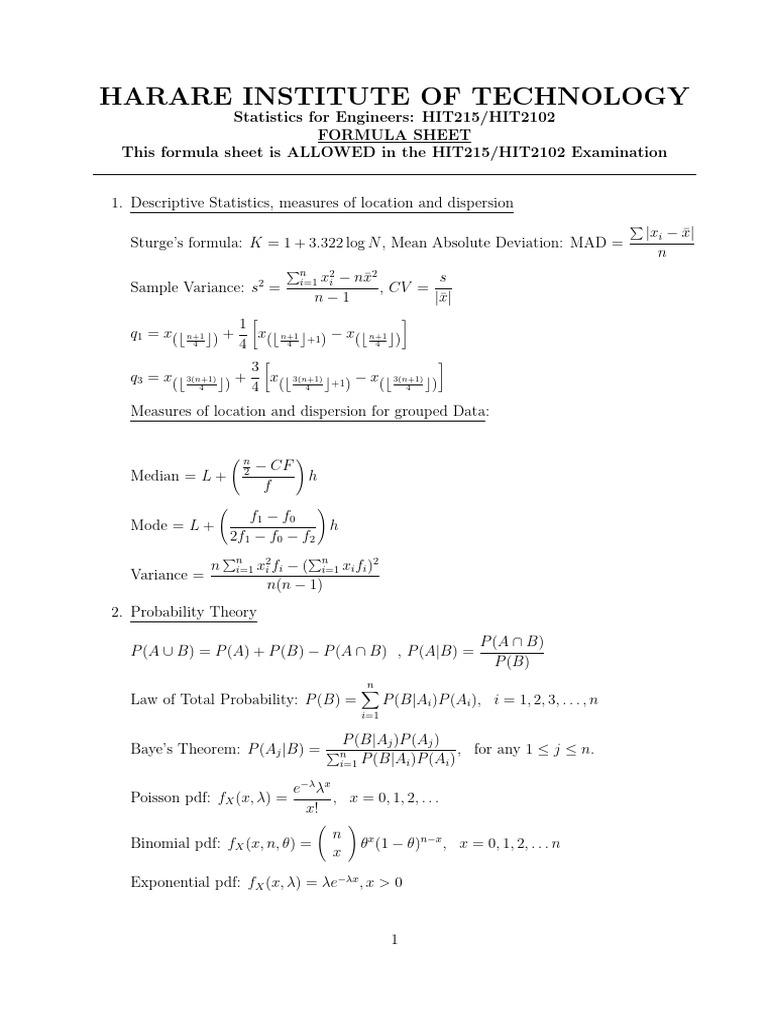 HIT215/HIT2102 Statistics Formula Sheet | PDF | Probability Theory ...