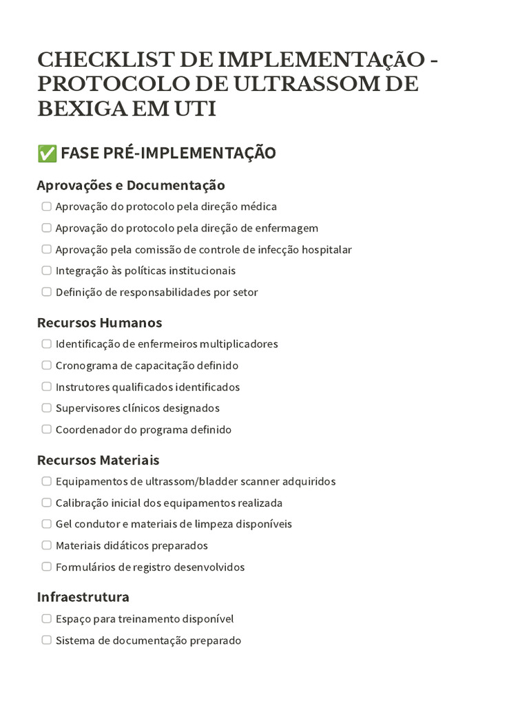 Checklist de Implementação - Protocolo de Ultrassom de Bexiga Em Uti ...