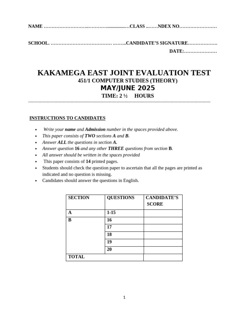 Kakamega East Computer Studies Exam 2025 | PDF | Graphical User ...