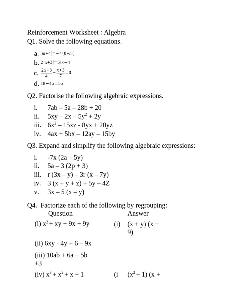 Reinforcement Worksheet (Algebra) | PDF