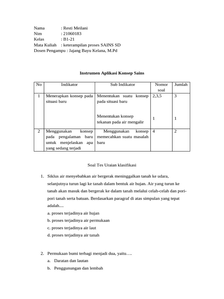 Instrumen Tes Keterampilan Sains SD | PDF