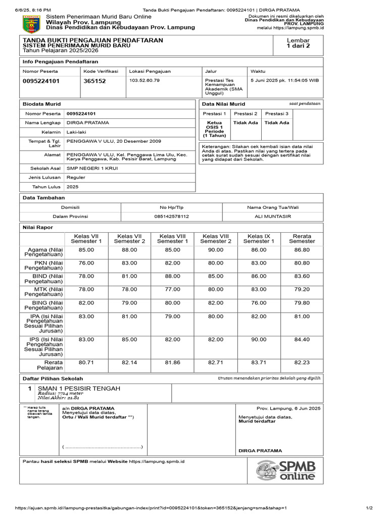 Tanda Bukti Pengajuan Pendaftaran - 0095224101 - DIRGA PRATAMA | PDF