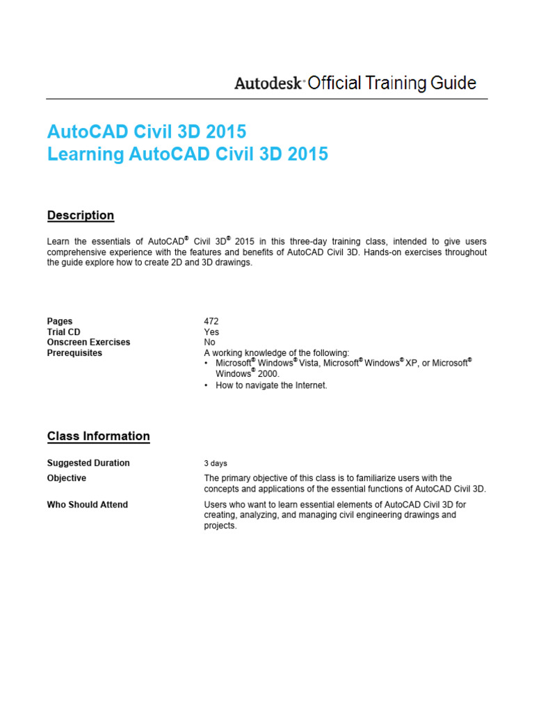 Learn AutoCAD Civil 3D 2015 Essentials | PDF | Microsoft Windows | Autodesk