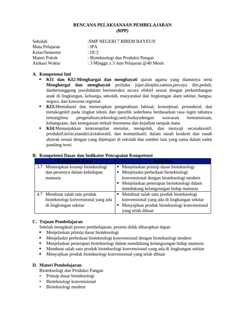 RPP Bioteknologi Kelas IX SMP 7 Birem | PDF