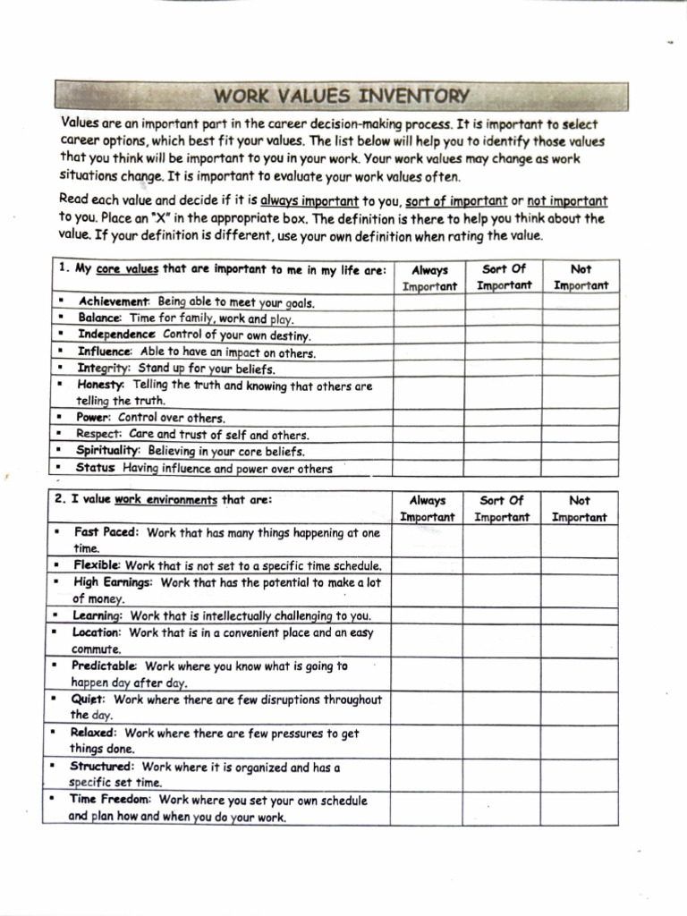 Work Values Inventory Assessment | PDF | Inventory | Business Economics