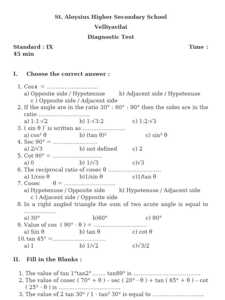 St. Aloysius IX Diagnostic Test | PDF
