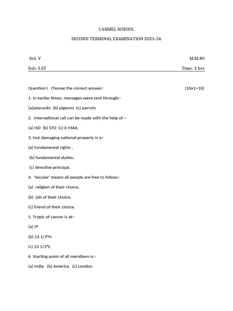 Class V SST Question Paper | PDF | Earth Sciences | Physical Geography