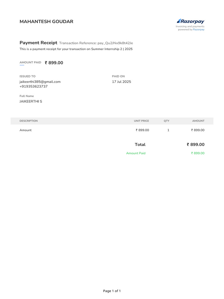Payment Receipt for Summer Internship 2025 | PDF
