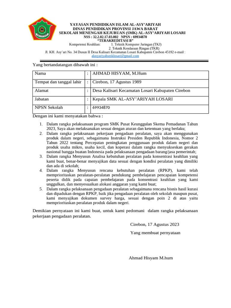 6. Draft Surat Pernyataan Penggunaan Pdn | PDF