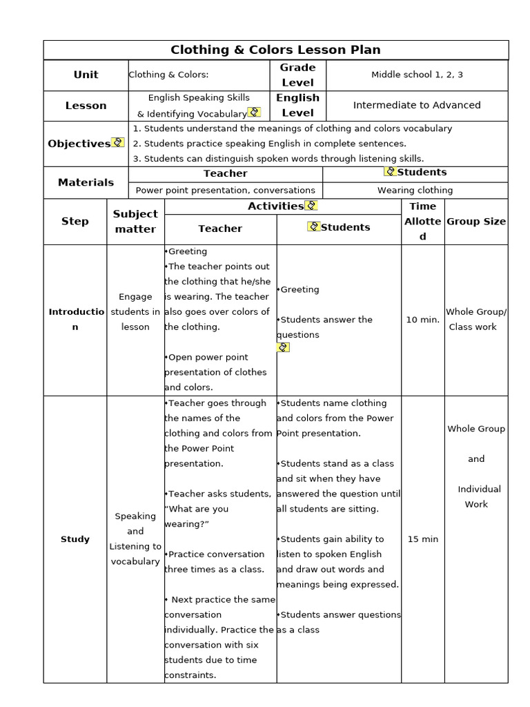 Colors and Clothes Game Lesson - Part 1 of 2 - Lesson Plan | PDF ...