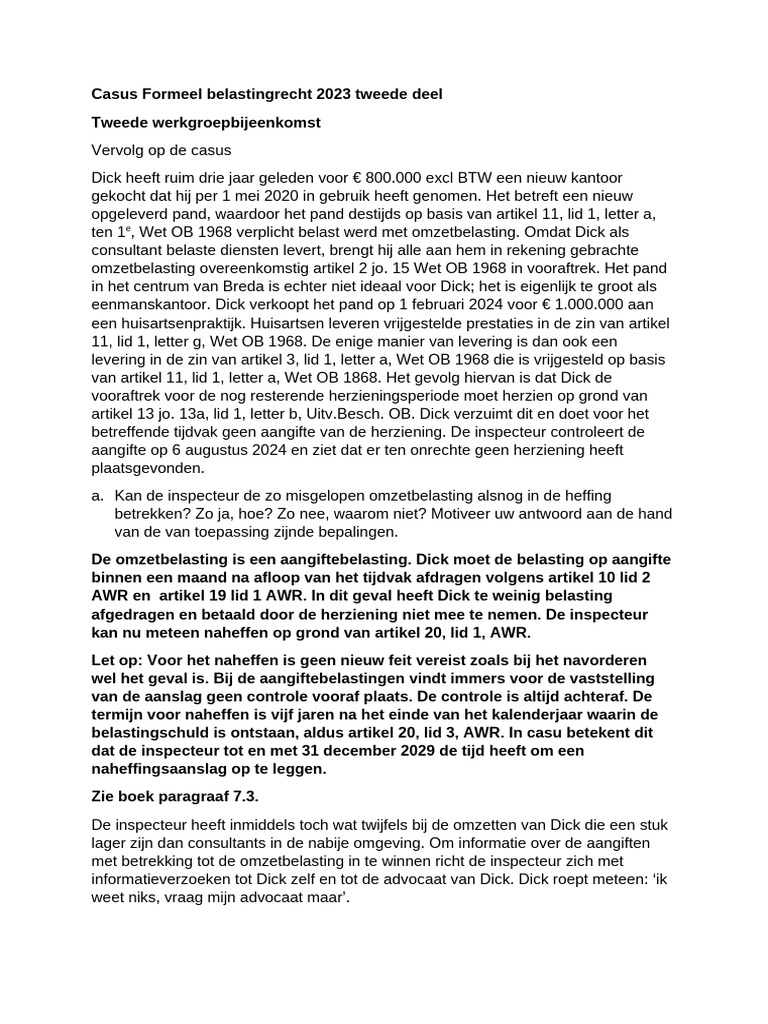 Week 7b Casus Formeel Belastingrecht 2024-2025 Tweede Deel | PDF