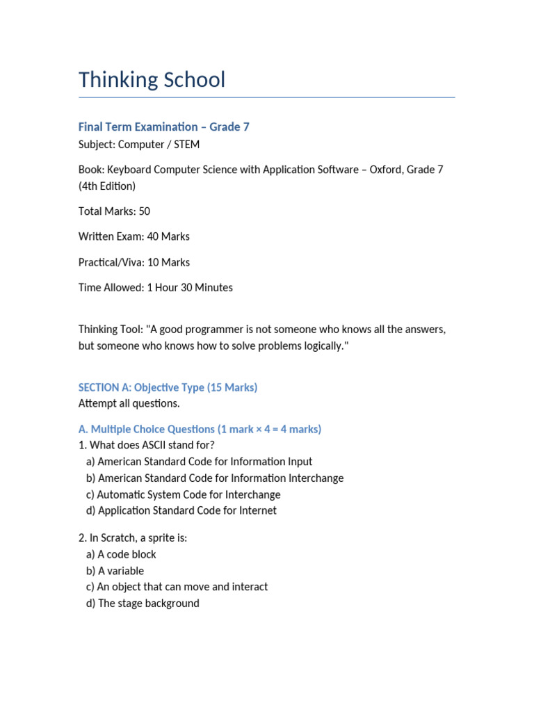 Grade 7 Computer Science Exam Guide | PDF | Integer (Computer Science ...