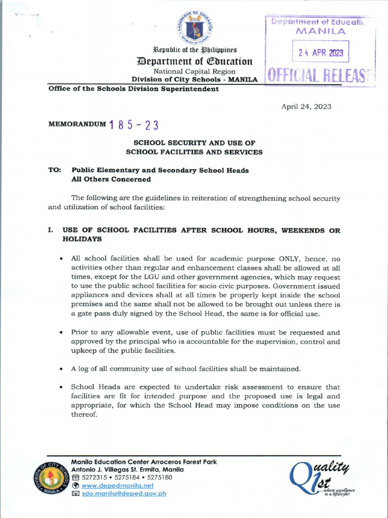 DM 185 S. 2023 School Security and Use of School Facilities and ...