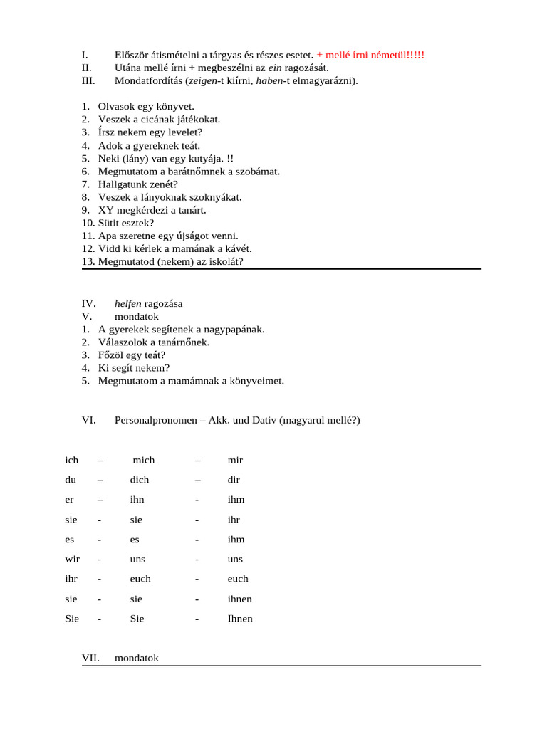 Akkusativ, Dativ Mondatok | PDF