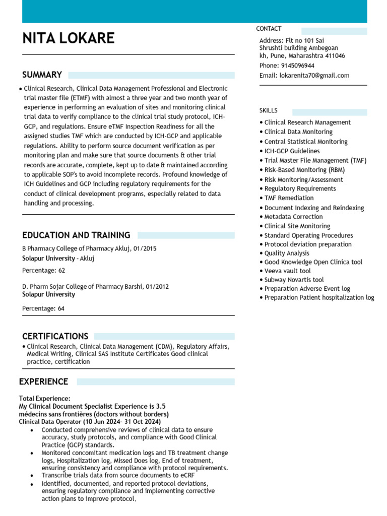 Naukri NitaLokare (6y 5m) | PDF | Clinical Trial | Regulatory Compliance