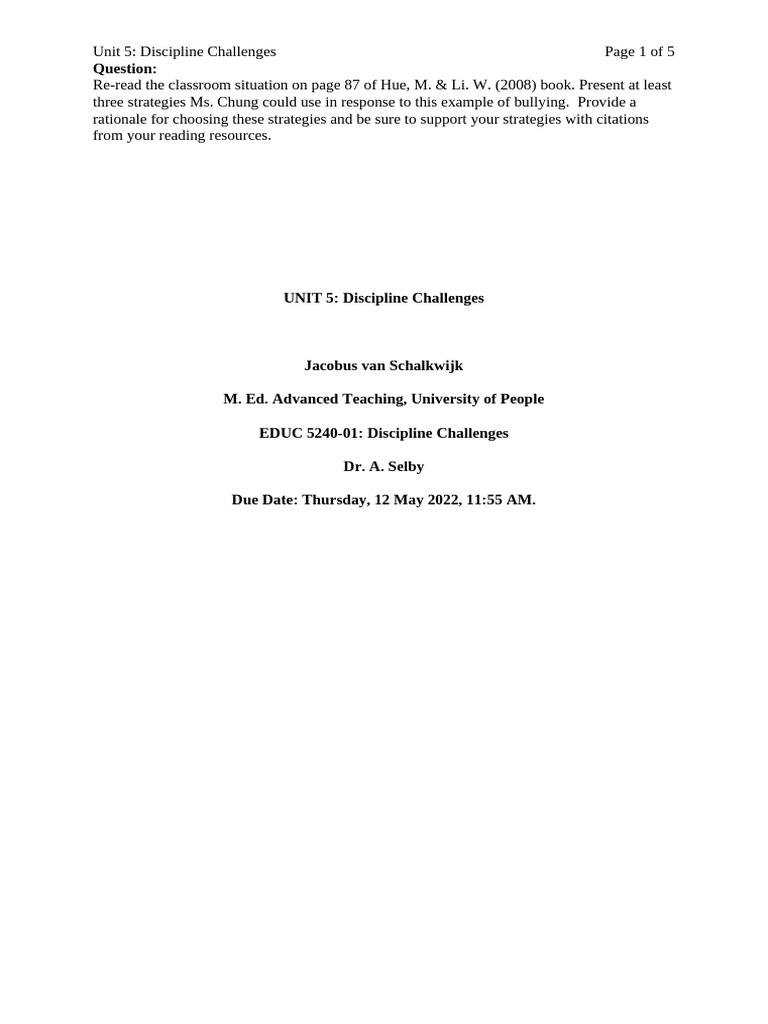 EDUC 5240-01 UNIT 5 DA Discipline Challenges Assignment | PDF ...