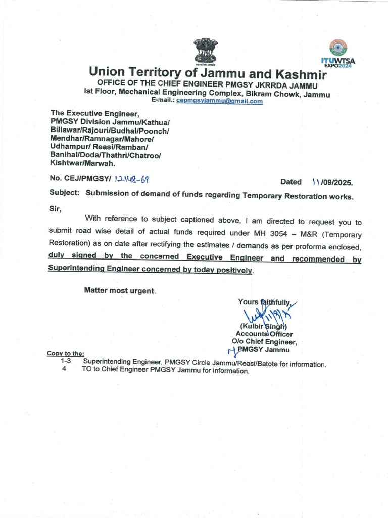 Submission of Demand of Funds Regarding Temporary Restoration Works | PDF