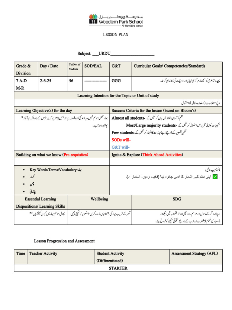 Lesson Plan Grade - 7 Urdu 2-6-25 | PDF