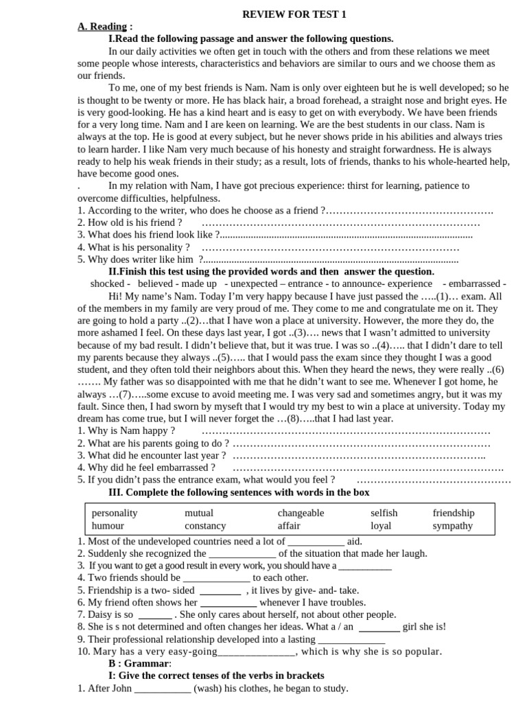 Test Review: Friendship and Grammar | PDF