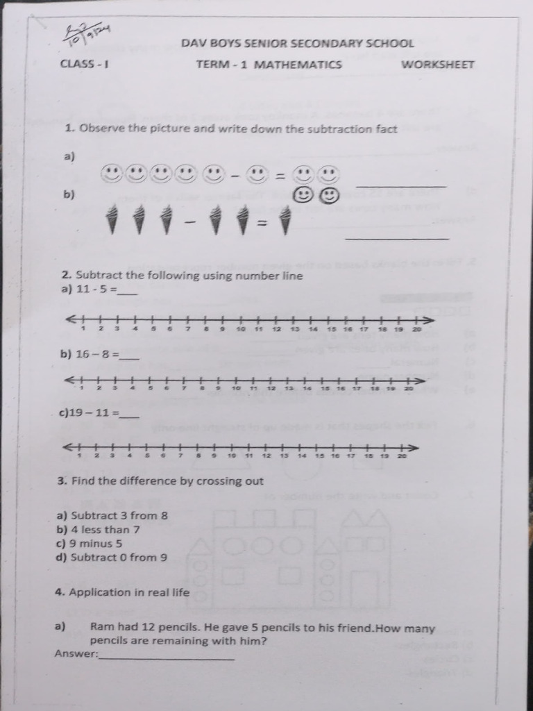 Class 1 Mathematics Subtraction Worksheet | PDF | Triangle | Geometric ...