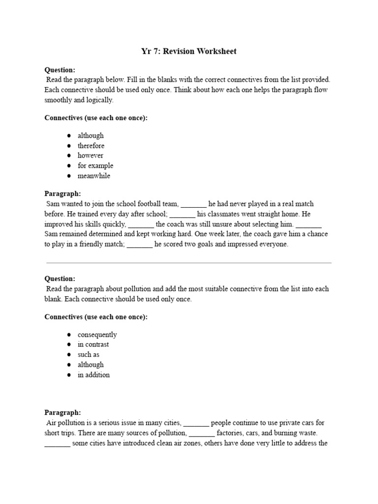 Year 7 Connectives Revision Worksheet | PDF