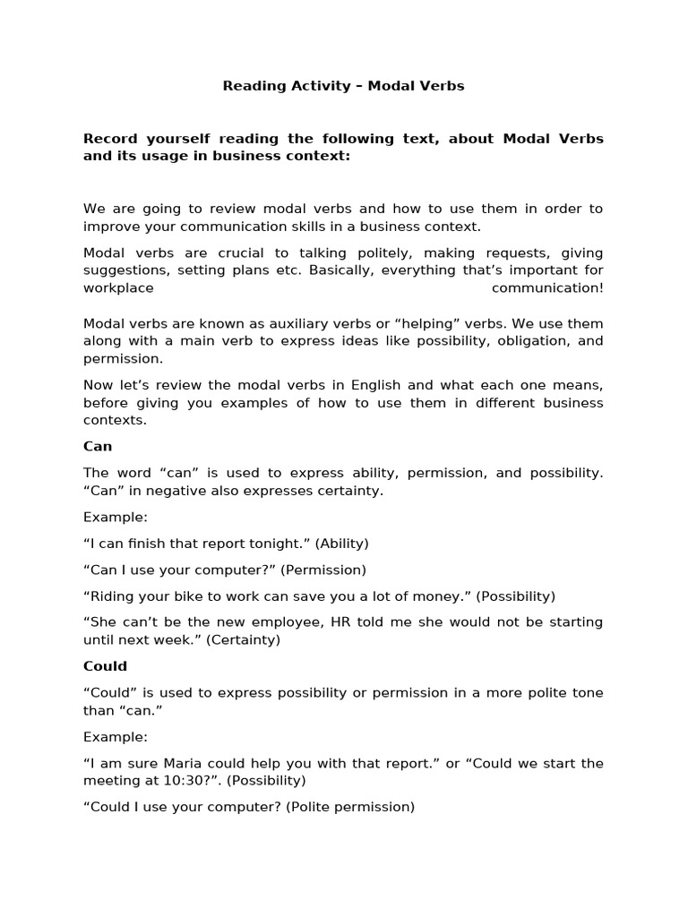 A2 Reading - Modal Verbs in Business Context (Teacher's Version) | PDF ...