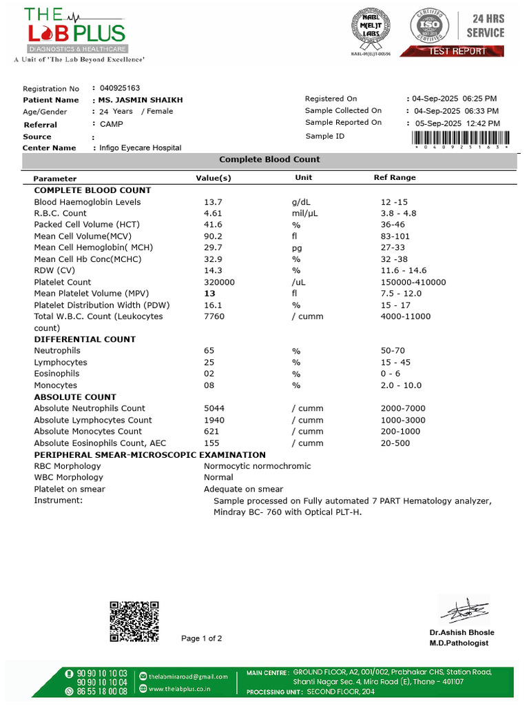 Complete Blood Count Report for Jasmin Shaikh | PDF | White Blood Cell ...