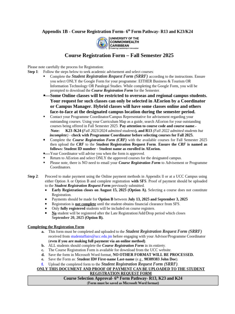 Form - Course Registration - 6th Form Pathway - R13 & K23 K24, Fall ...