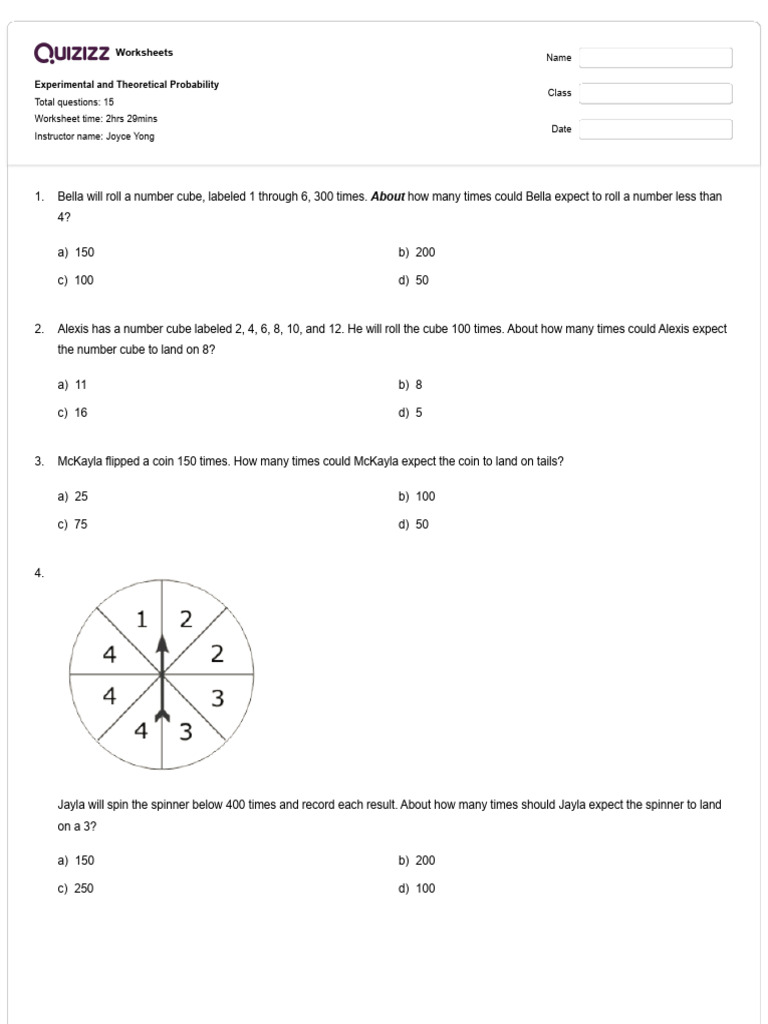 Experimental and Theoretical Probability - Quizizz | PDF | Probability ...